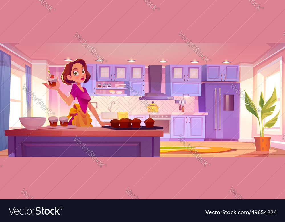 Housewife Cooking Muffins In Kitchen Royalty Free Vector