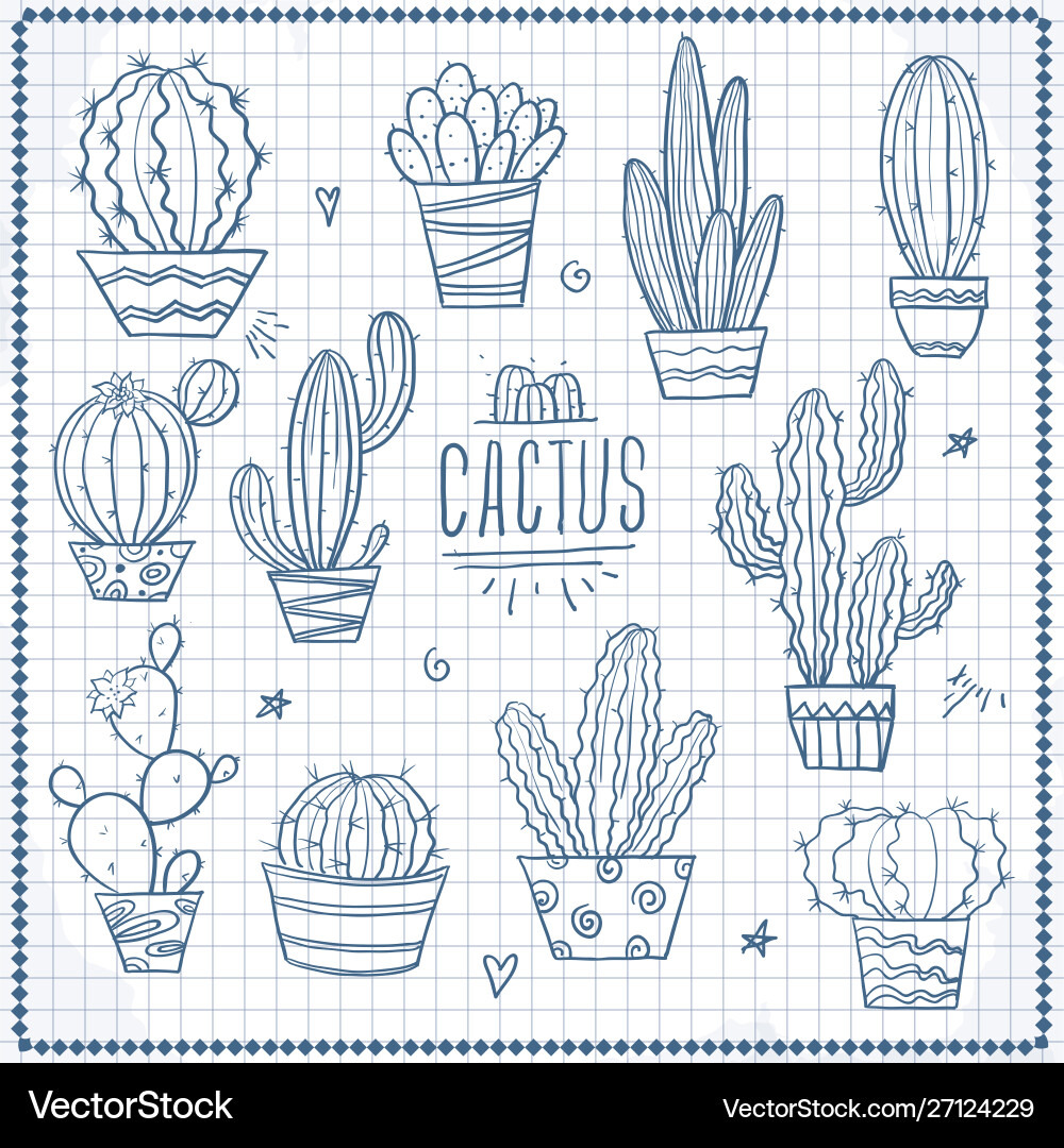 Set cacti doodle hand drawn Royalty Free Vector Image