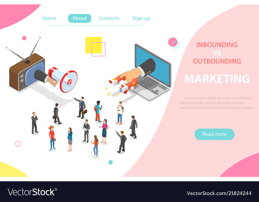 Inbound vs outbound marketing isometric Royalty Free Vector Inbound vs outbound marketing isometric Royalty Free Vector