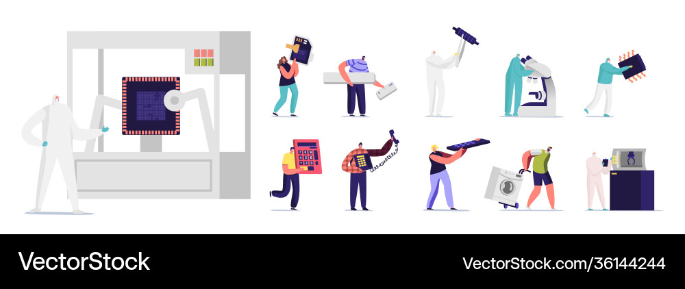 Set characters with machinery tiny men Royalty Free Vector