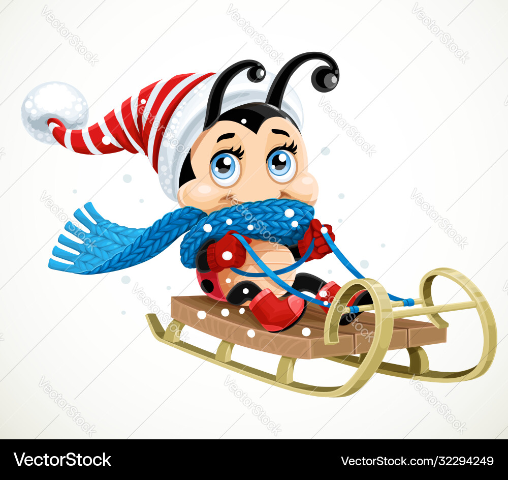 Cute cartoon little ladybug sledding on a white Vector Image