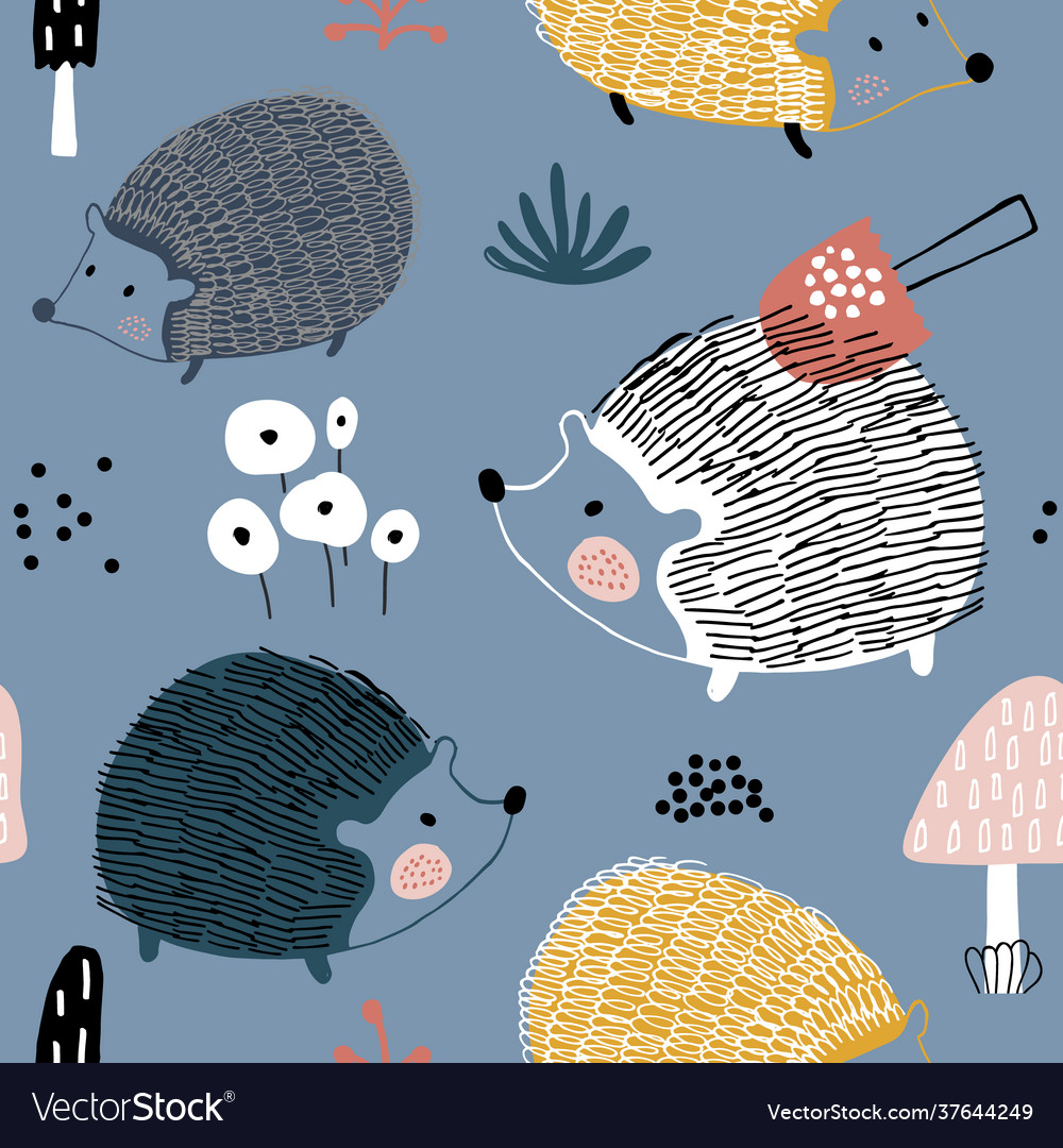 Seamless pattern with hedgehogs ann mushrooms Vector Image
