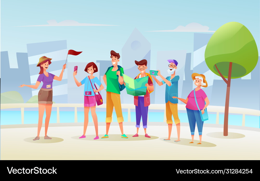Flat tourist with tour guide at excursion Vector Image