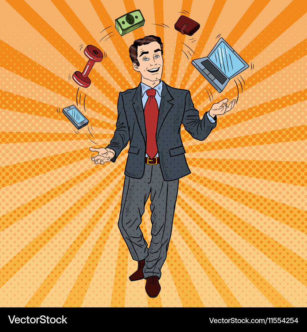 Pop art businessman juggling computer phone Vector Image