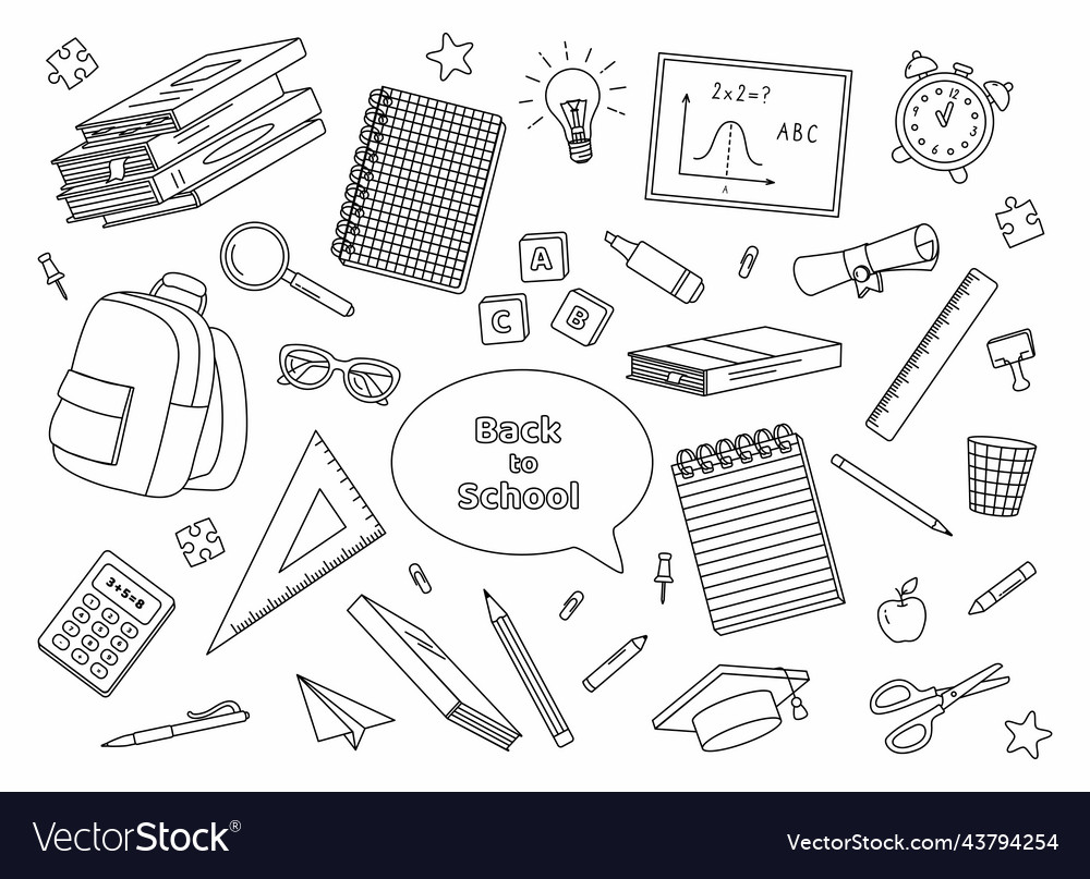 School Supplies Outline Border Of School Supplies On A Chalkboard