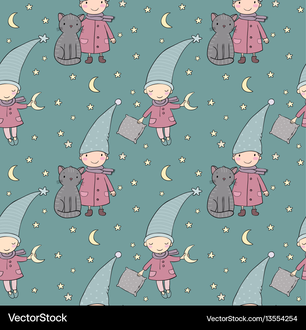 Seamless pattern with cute gnome and cat Vector Image