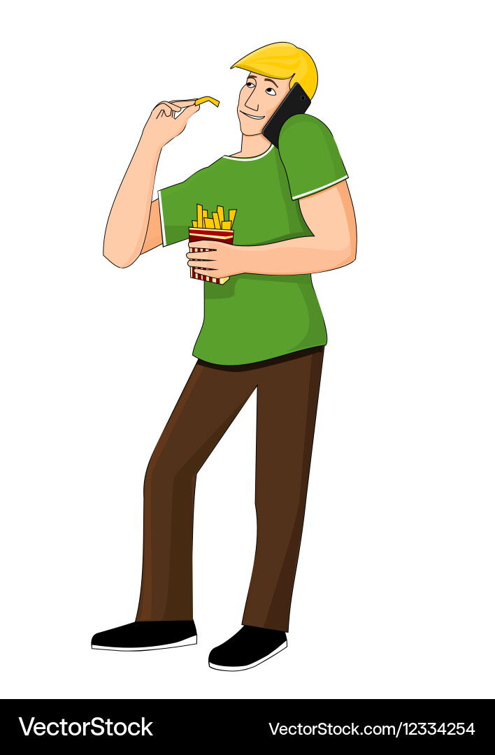 Young man eating while talking on the phone Vector Image
