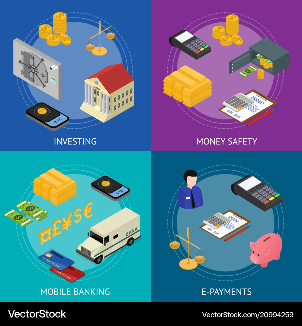 Bank banner card set isometric view Royalty Free Vector