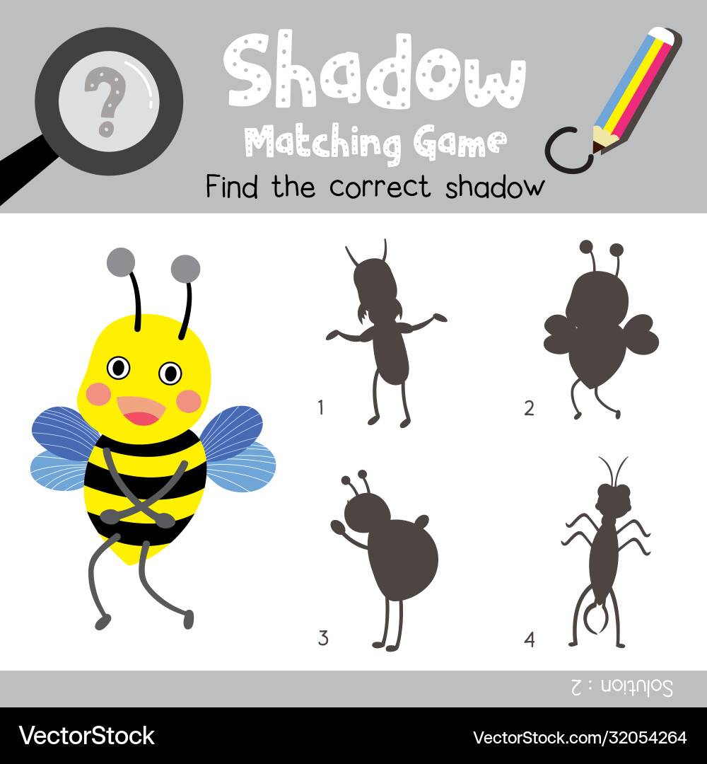 Shadow matching game bee standing animal cartoon Vector Image