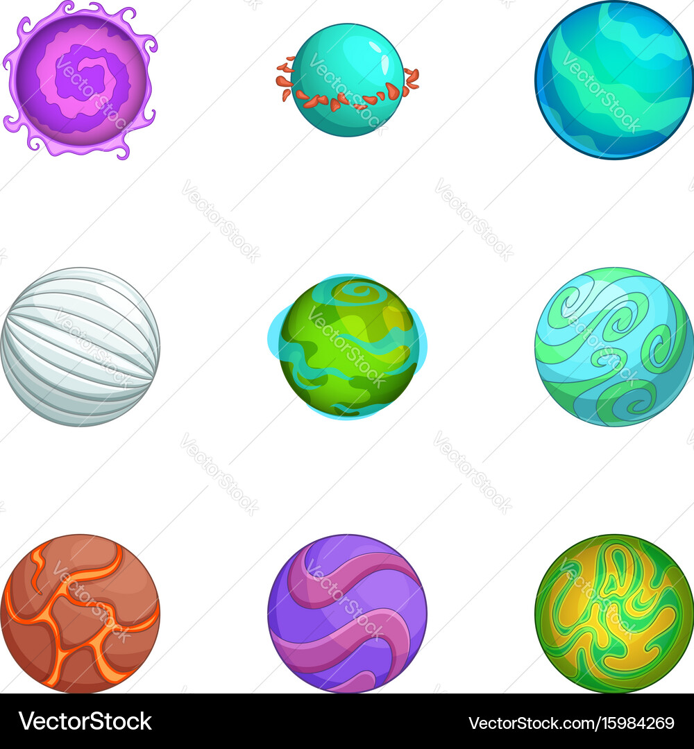 Fantasy alien planets icons set cartoon style Vector Image