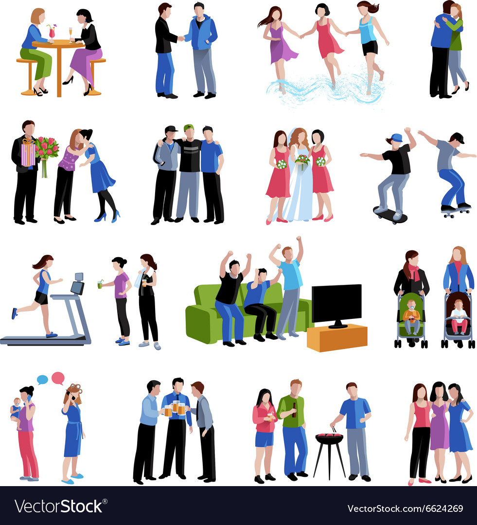 Friends Buddies Activities Flat Icons Set Vector Image
