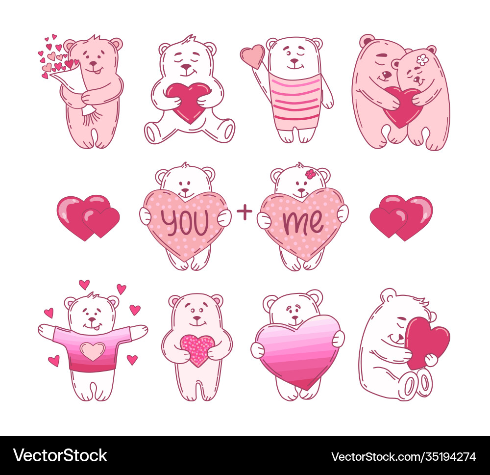 Cute bears with hearts valentines day set Vector Image