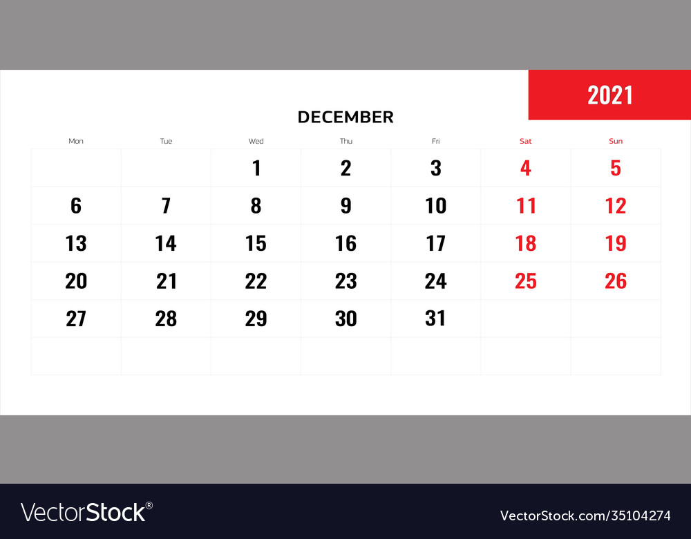 December month for 2021 year planning calendar Vector Image