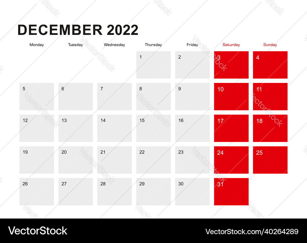 2022 december planner calendar design week starts Vector Image