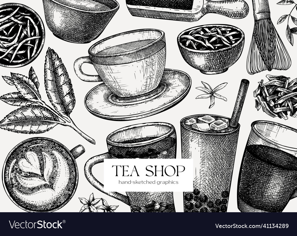 Tea shop or cafe design with hand-sketched Vector Image