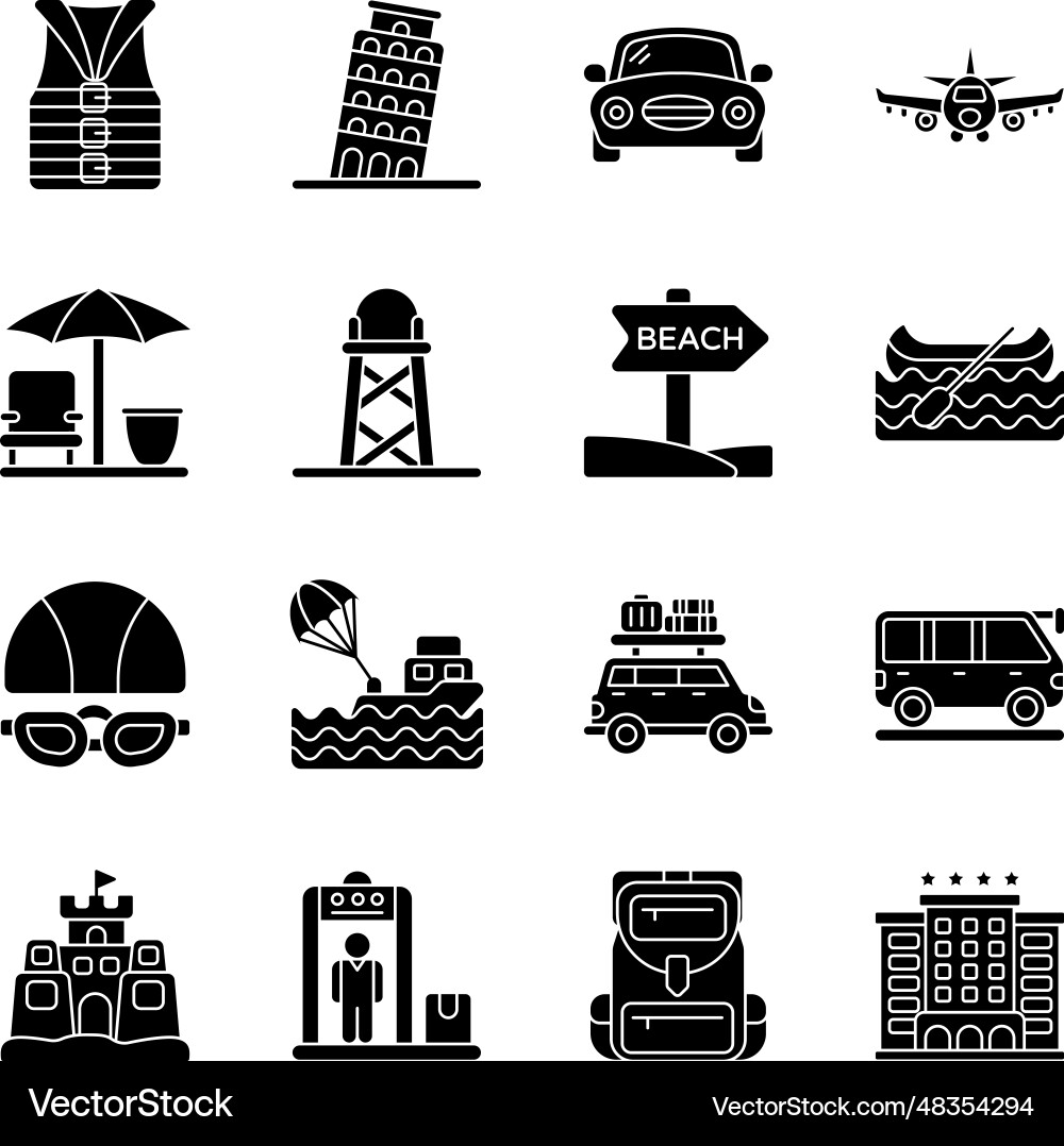 Pack of travel and journey solid icons Royalty Free Vector