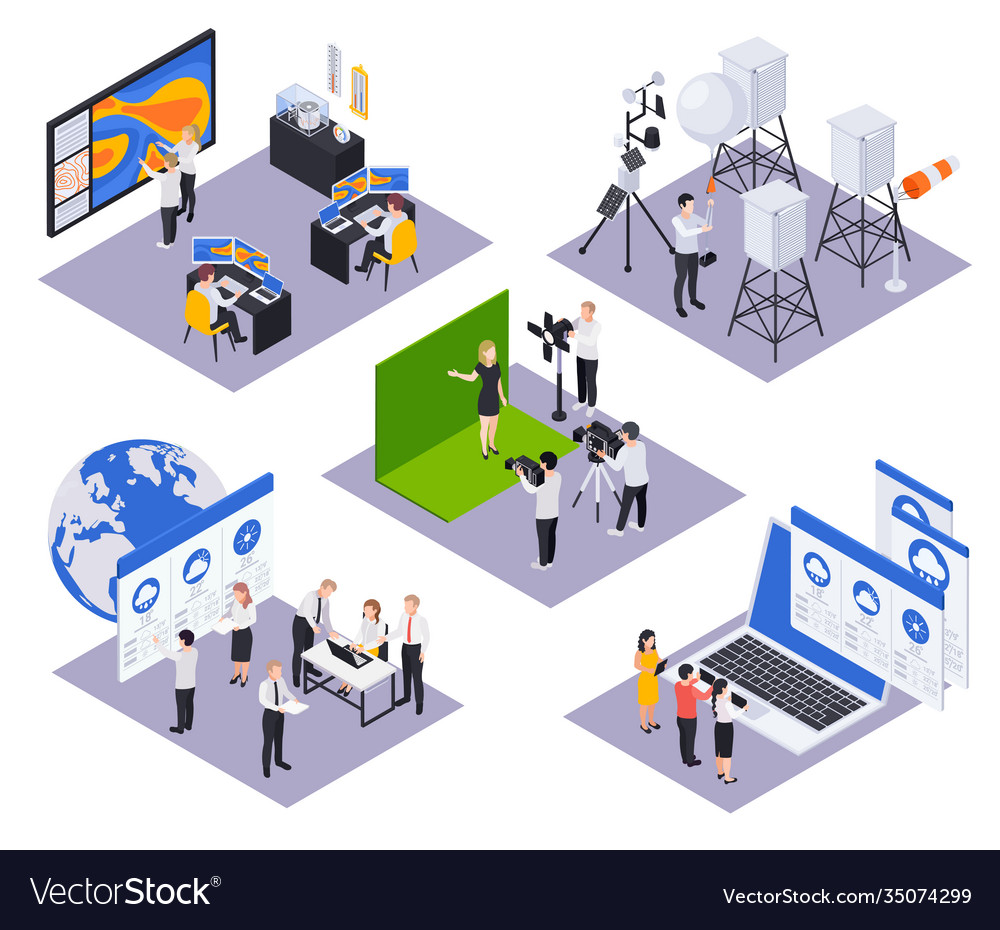 Meteorology isometric compositions set Royalty Free Vector Meteorology isometric compositions set Royalty Free Vector