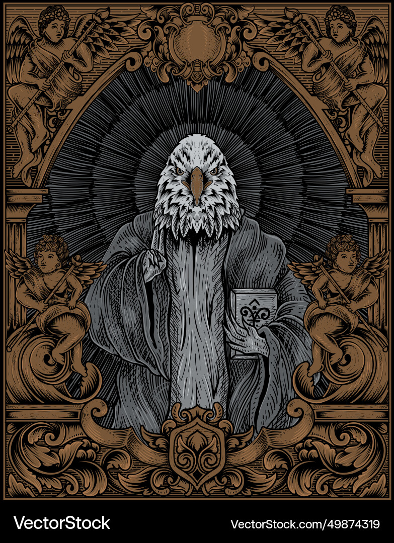 Scary eagle satan on engraving ornament frame Vector Image