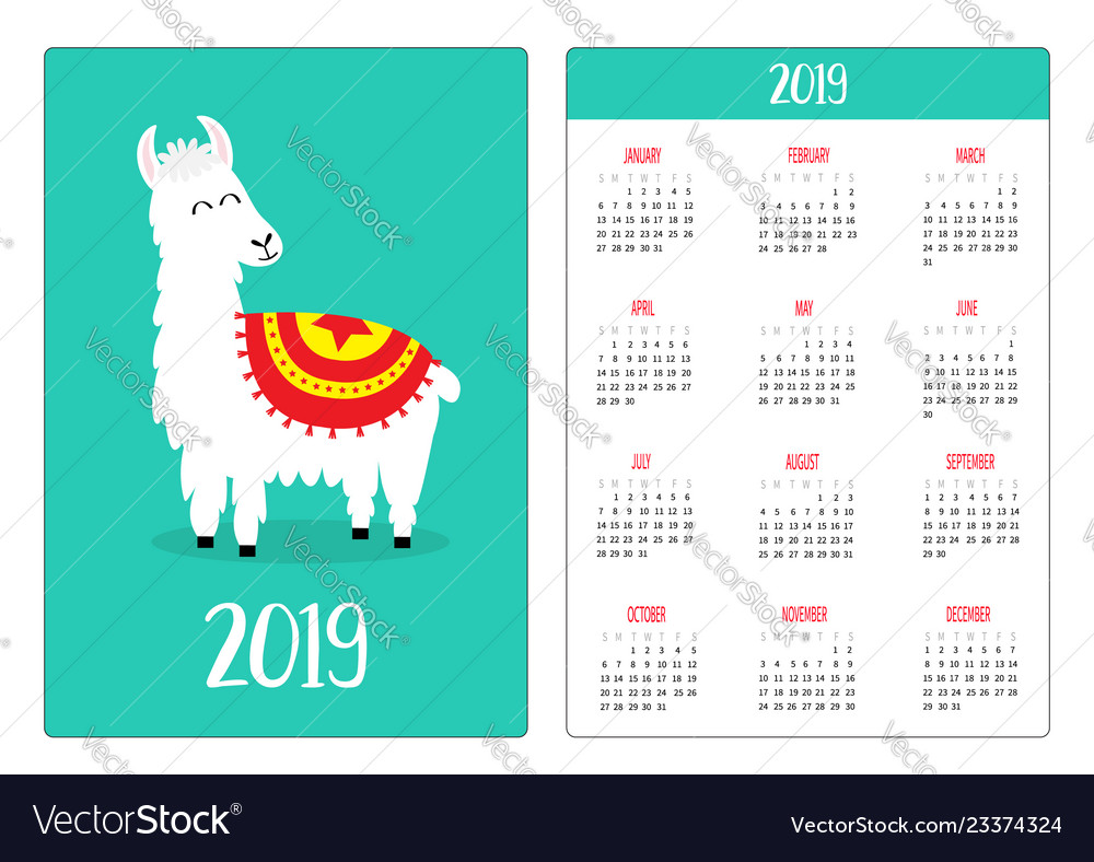 Cute alpaca llama simple pocket calendar layout Vector Image