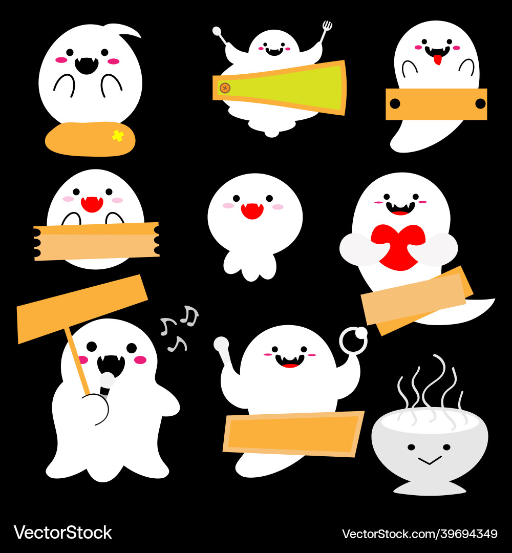Cute little ghost with sign on black background Vector Image