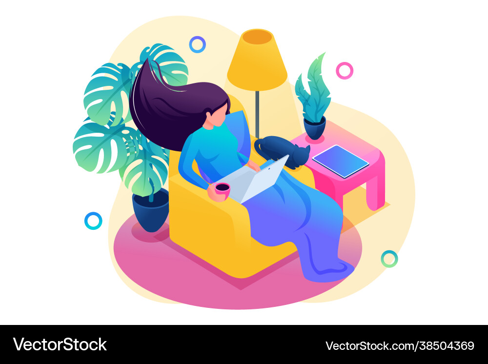 Isometric 3d girl working from home freelance Vector Image