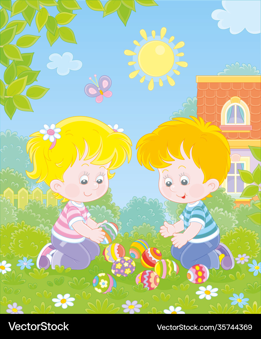 Little kids collecting decorated easter eggs Vector Image