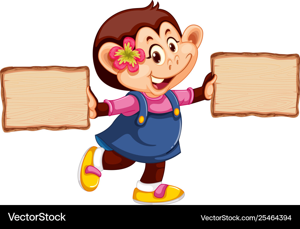 Monkey with wooden banner Royalty Free Vector Image