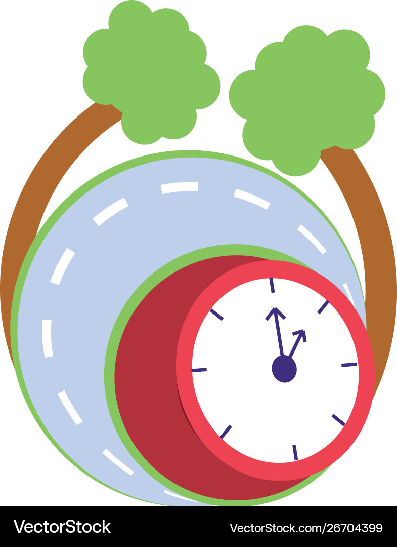 Time clock watch with road and tree plant Vector Image