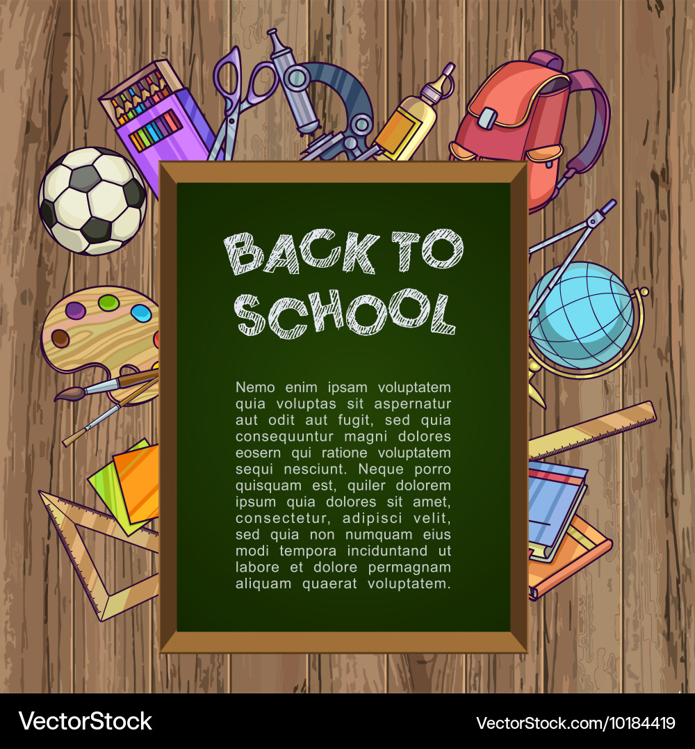 Green chalkboard with school supplies - back Vector Image