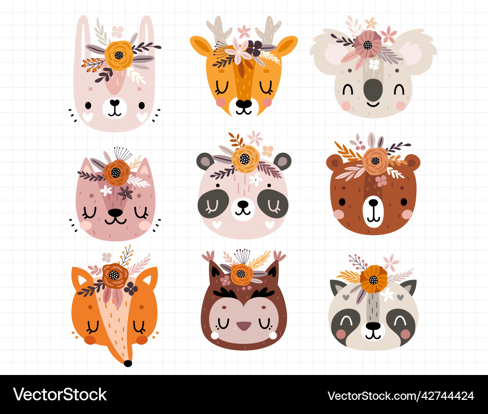 Cute animals with flowers - fox deer bunny Vector Image