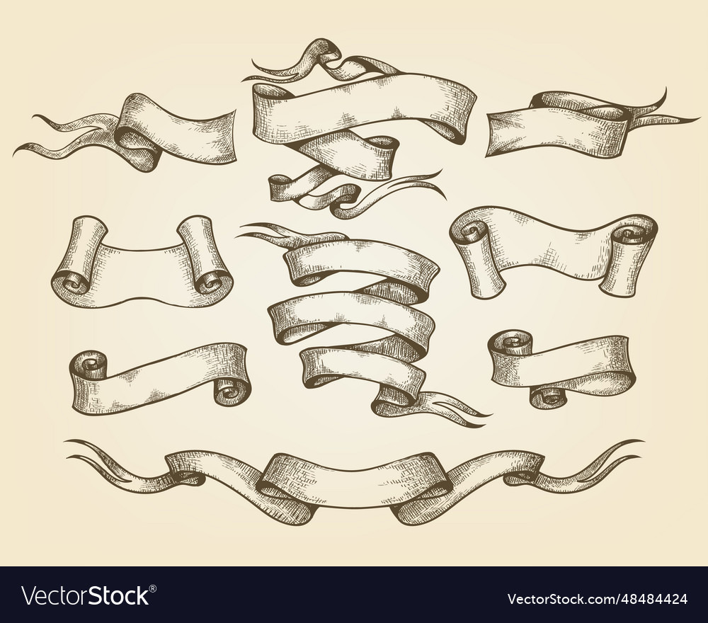 Engraving scroll and ribbon set Royalty Free Vector Image