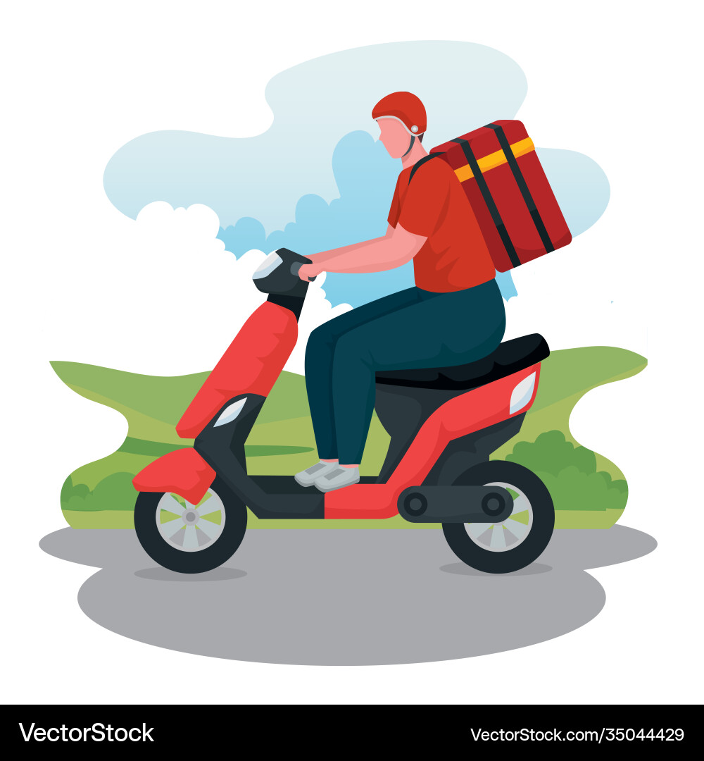 Delivery worker in motorcycle character Royalty Free Vector