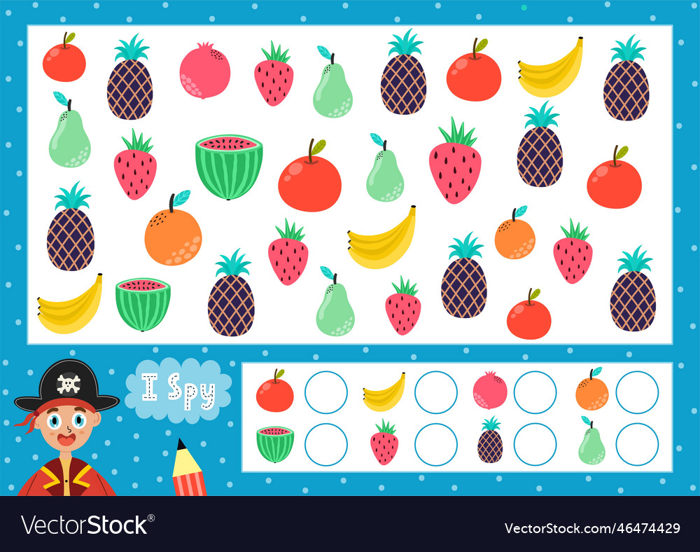 I spy game for kids find and count fruits search Vector Image