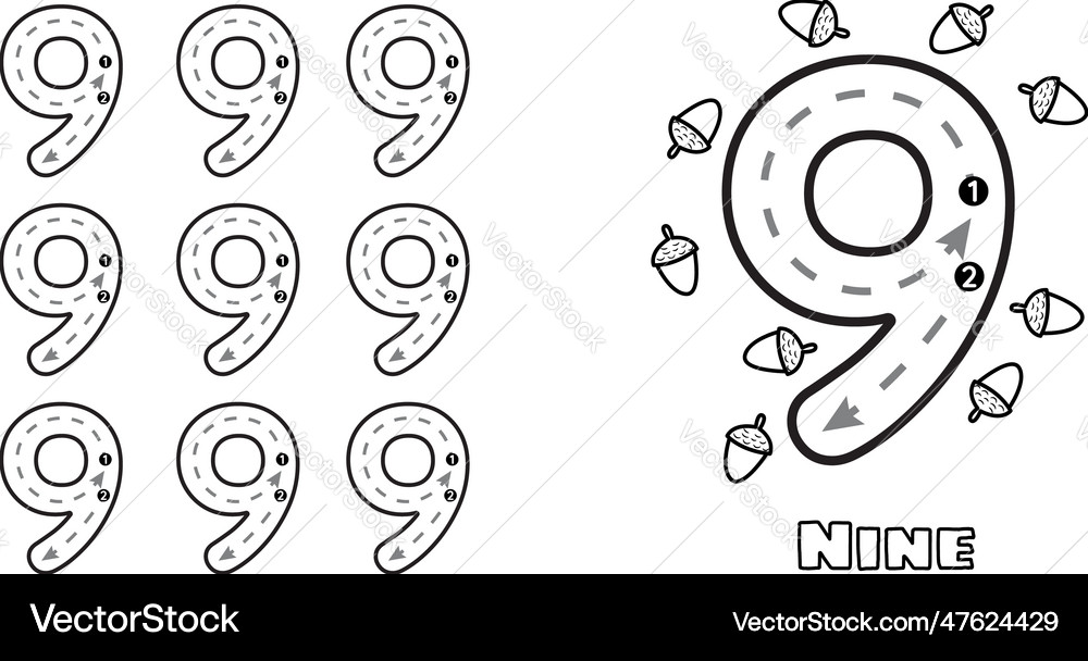 Number nine trace practice worksheet for prek kids