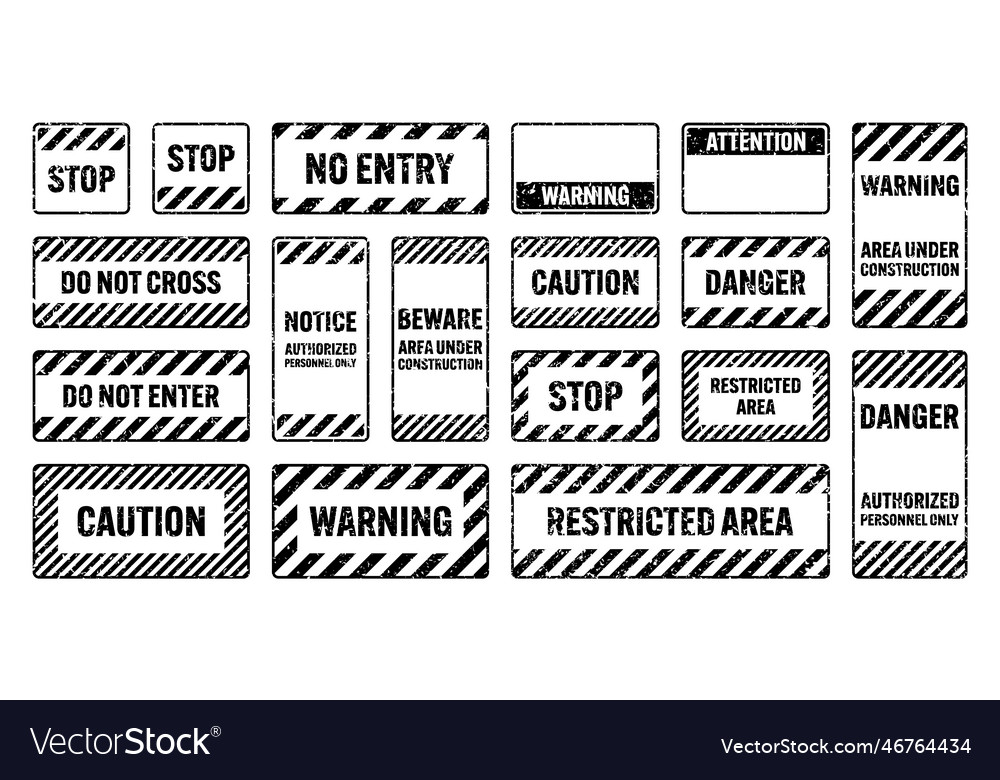 Various black grunge warning signs with diagonal Vector Image
