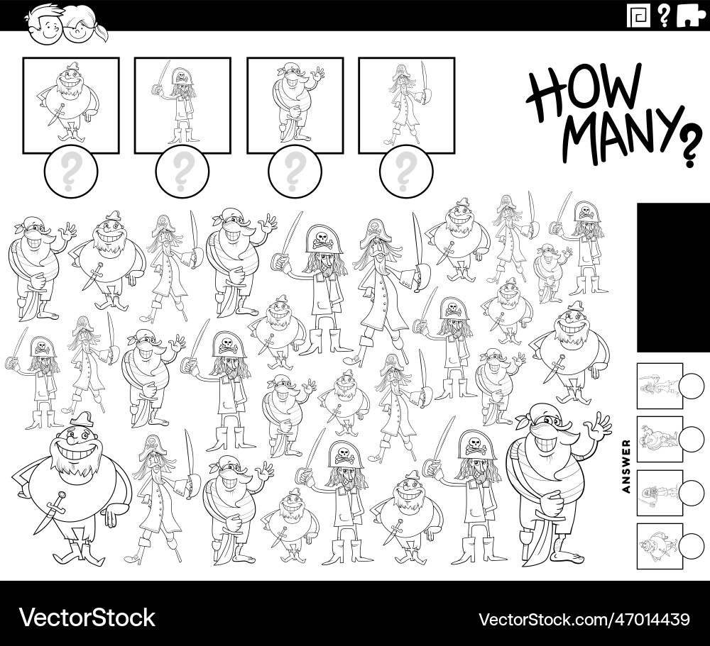 How many cartoon pirates counting task coloring Vector Image