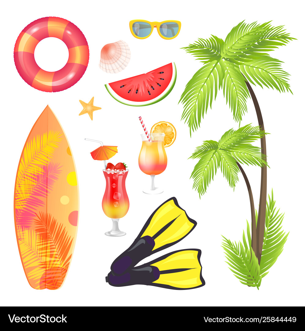 Palm tree surfing board set Royalty Free Vector Image