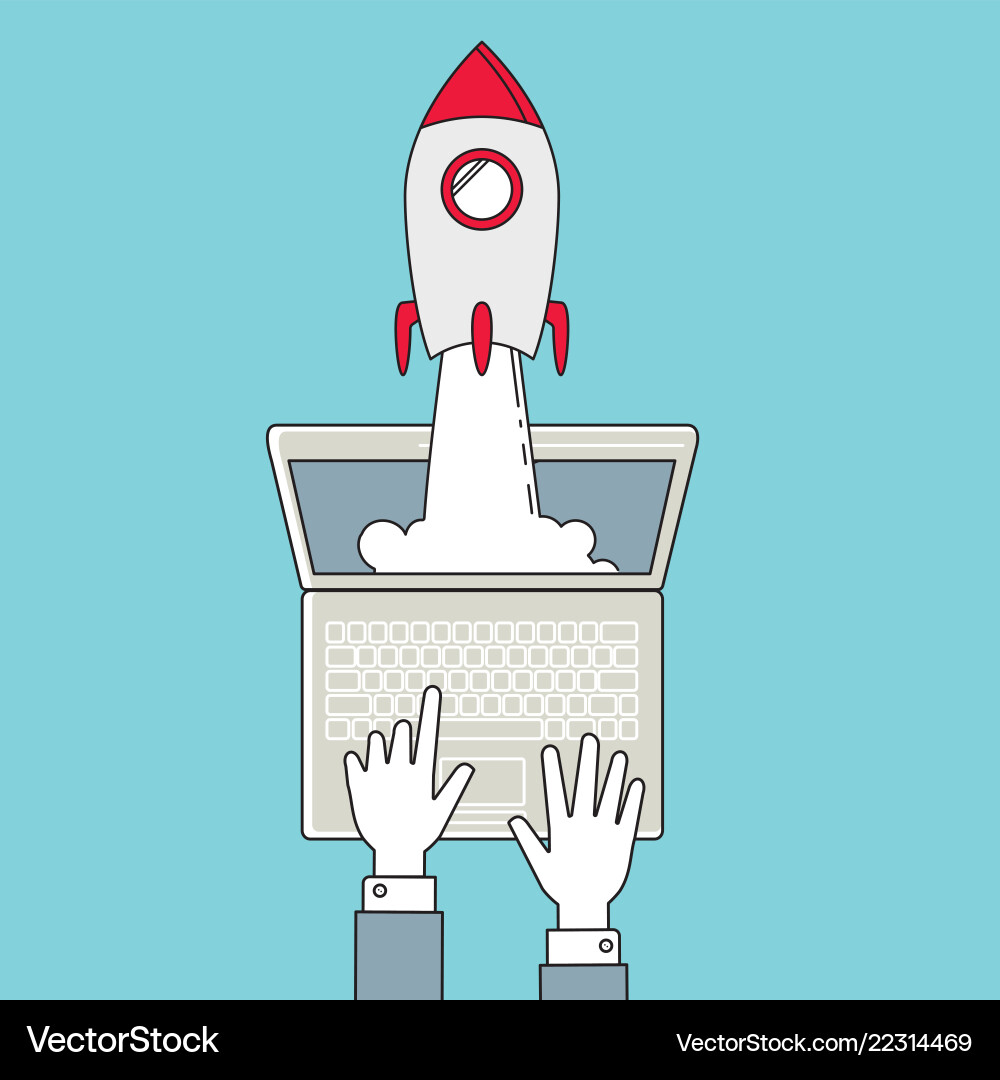 Startup - line design rocket launch and smoke Vector Image