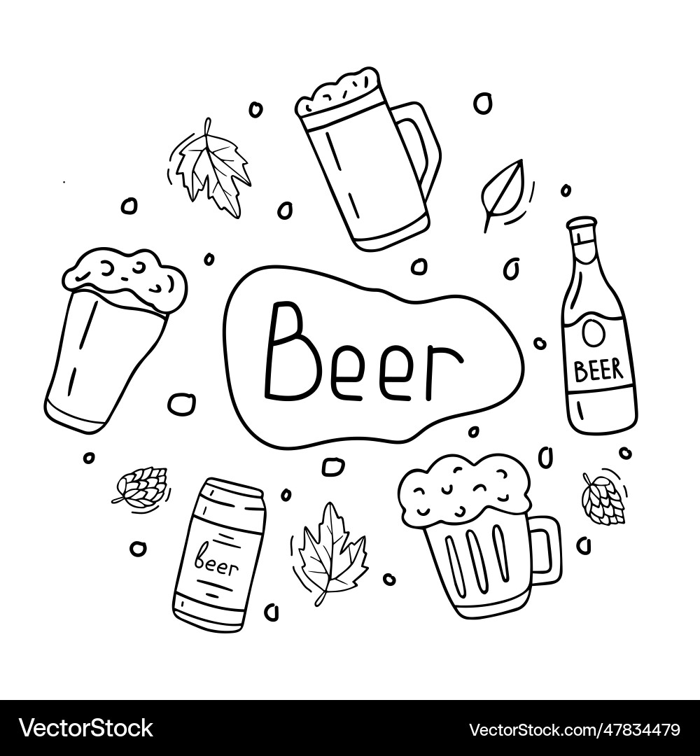 Hand drawn beer set doodle style isolated Vector Image