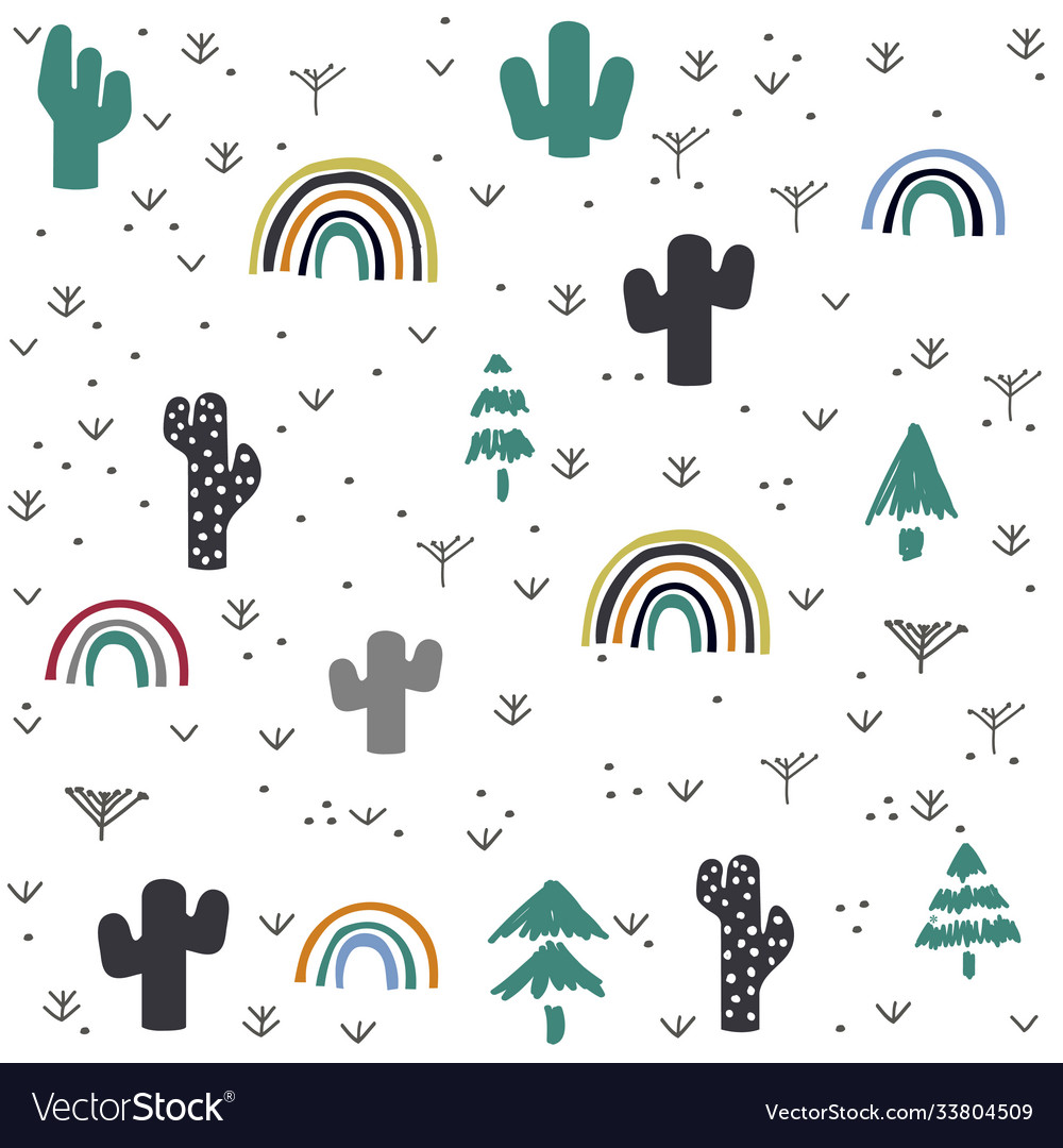 Hand drawn cactus and rainbow pattern Royalty Free Vector