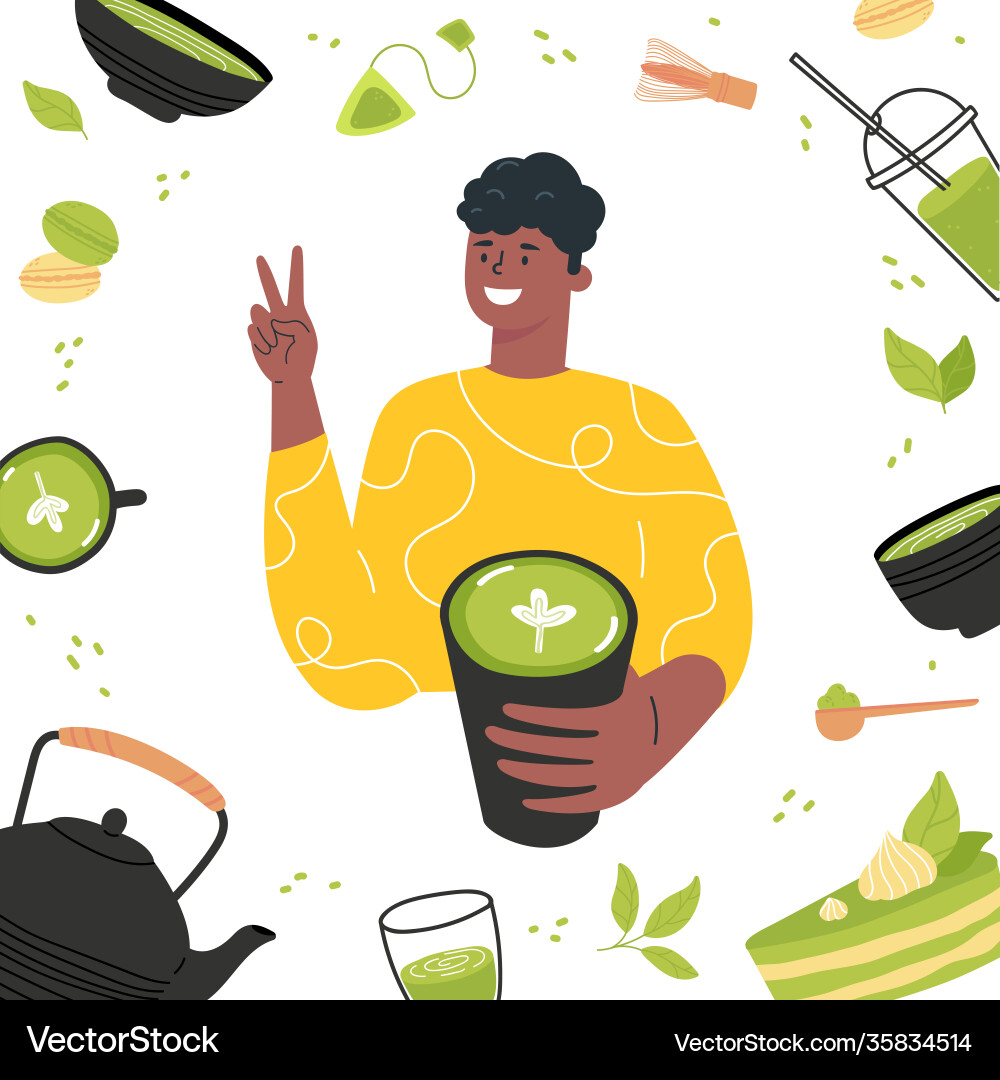 Man with a cup tea matcha Royalty Free Vector Image