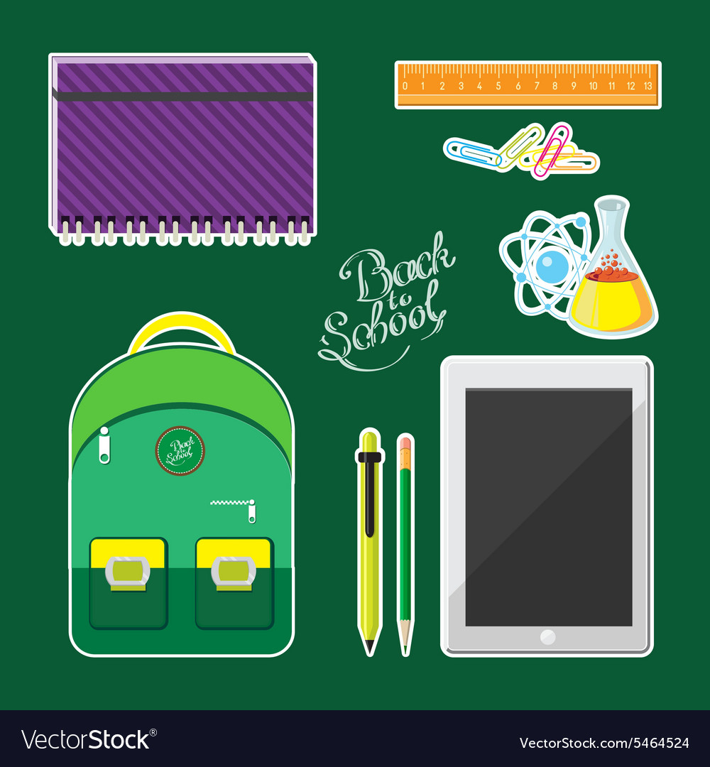 Set of school supplies and computer tablet Vector Image