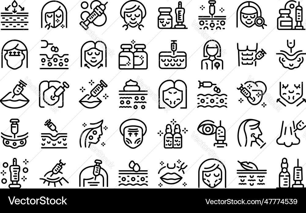 Botox icons set outline skin injection Royalty Free Vector
