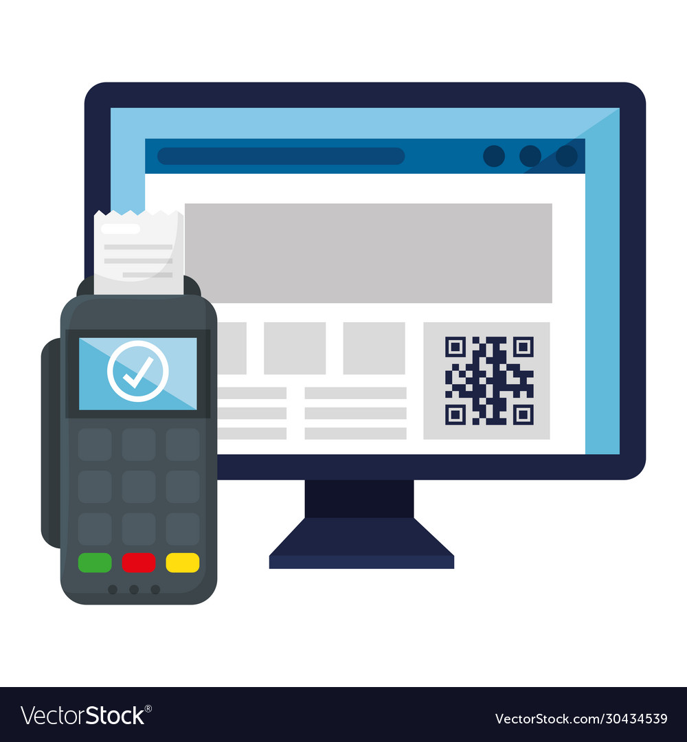 Qr code inside computer and dataphone Royalty Free Vector