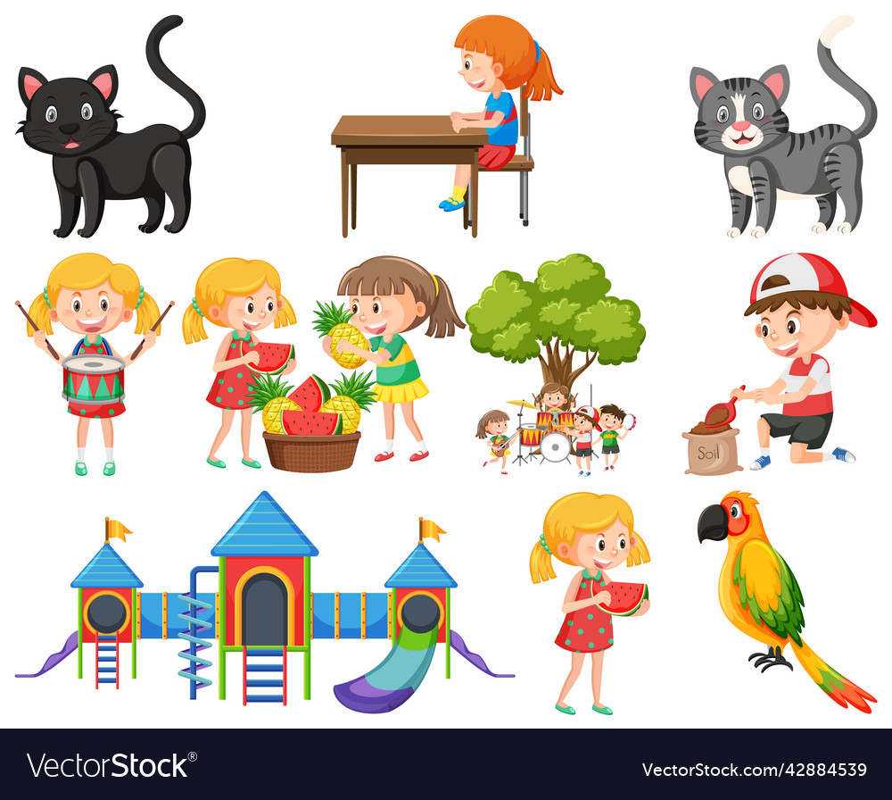 Set of different cute kids and objects Royalty Free Vector