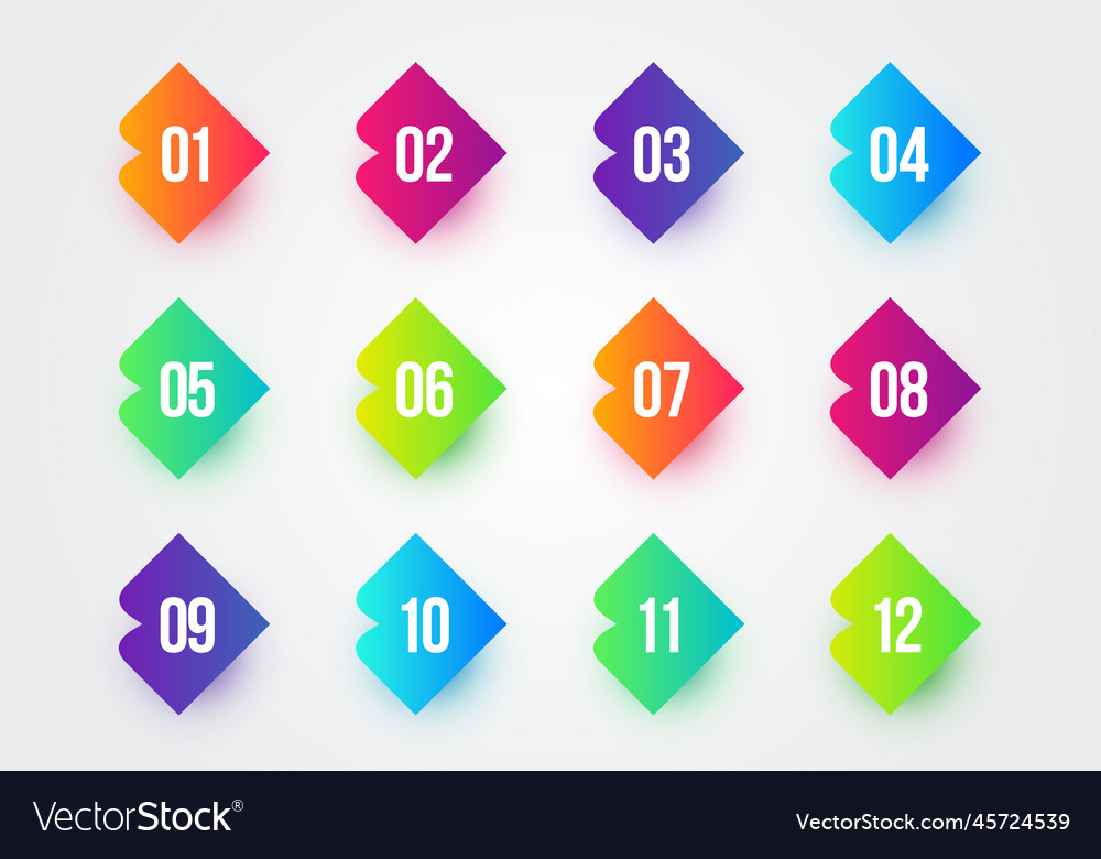 Twelve colorful square shaped bulletpoints Vector Image