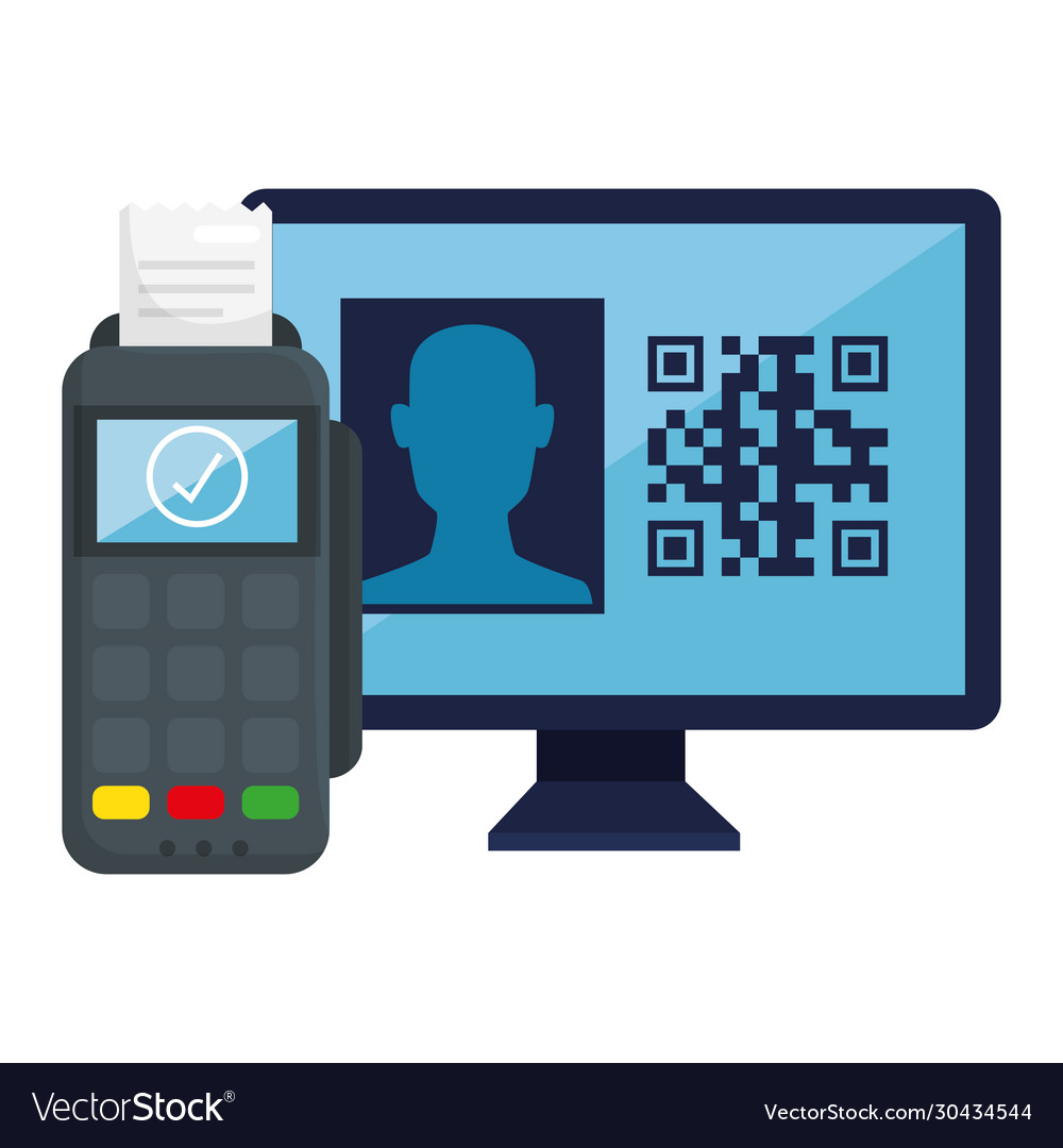 Qr code inside computer and dataphone Royalty Free Vector