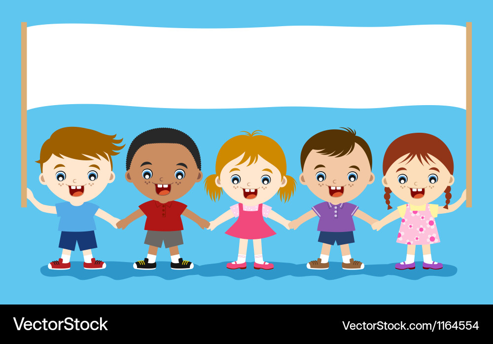 Children hand in hand with banner Royalty Free Vector Image