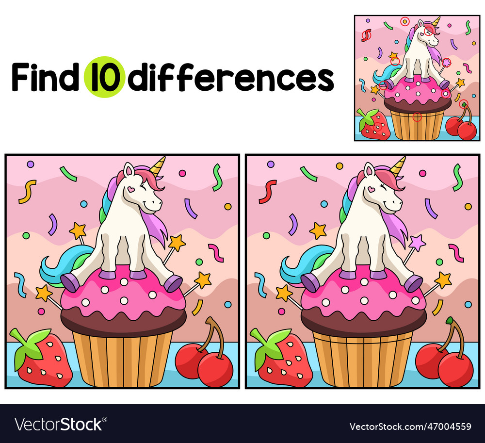 Unicorn sitting on a cupcake find the differences Vector Image