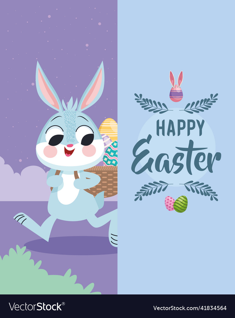 Happy easter lettering and rabbit walking Vector Image